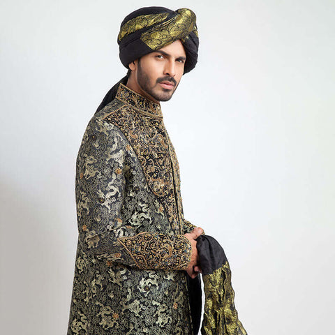Deep Green Dragon Brocade Form-Fitted Sherwani – The house of Arsalan Iqbal